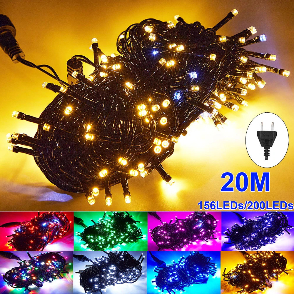 20m Black Cable 156/200led String Lights Plug In Outdoor Christmas Fairy Light With Flash Led ...