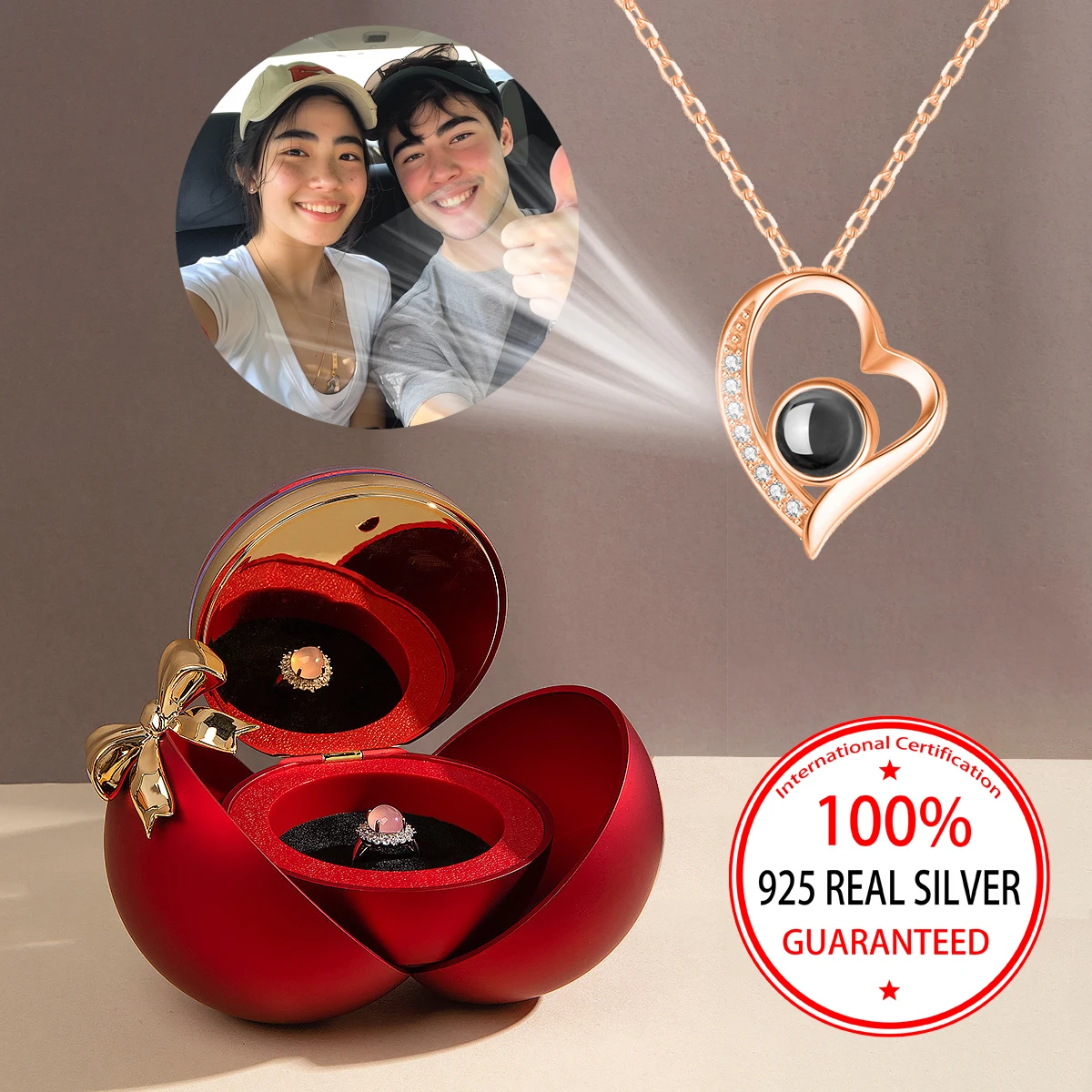 S925 Silver Custom Necklace With Luxury Red Rose Spherical Gift Box For ...