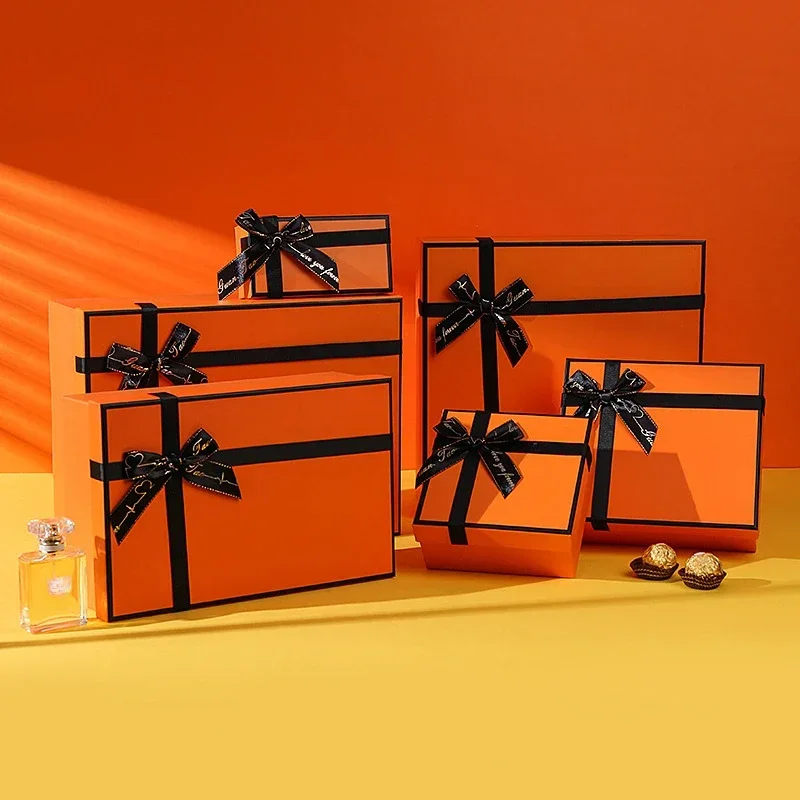 High-End-Orange-Gift-Box-with-Bow-Grass-Card-Cardboard-Box-Wedding ...