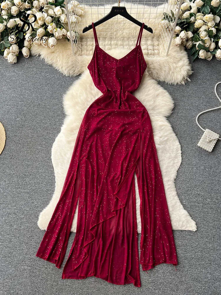 Singreiny sexy elegante Schlinge Chiffon Kleid V-Ausschnitt Spaghetti ...