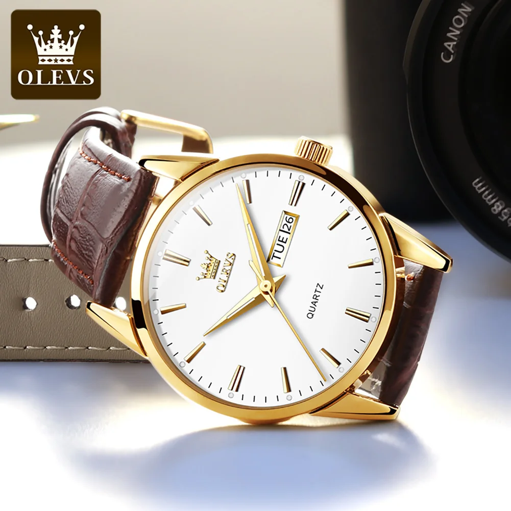 OLEVS Classic Quartz Watch Men's Fashion Sports Waterproof Leather ...