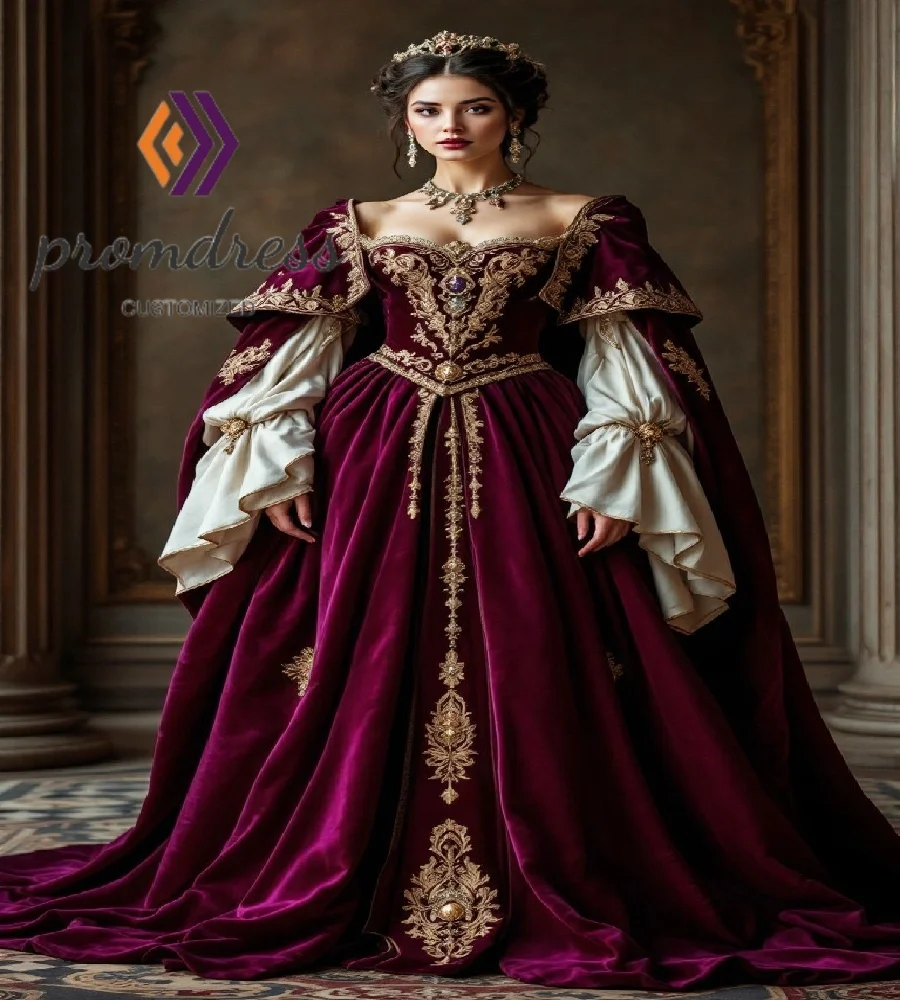 Opulent Wine Renaissance Evening Dress With Gold Lace Long Sleeve ...