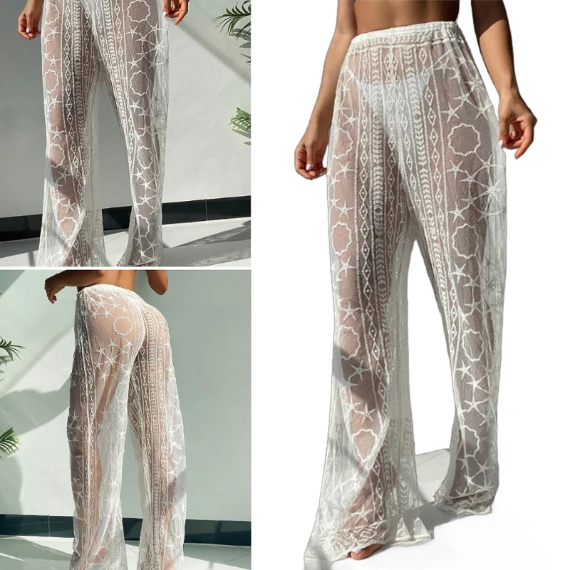 Women-Sheer-Lace-Pant-See-Through-Bottom-Swimsuit-Cover-up-Wide-Leg ...