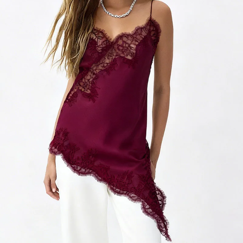Y2K Silk Lace Trim Asymmetrical Side Split Tank Top Women Stain Lace ...