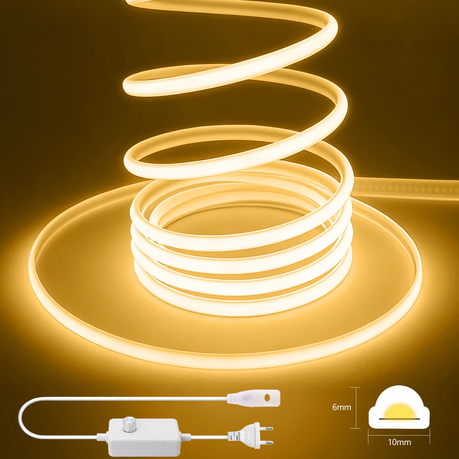 Dimmable 220V COB LED Neon Strip Light 288Leds/M With Switch/Dimmer EU ...