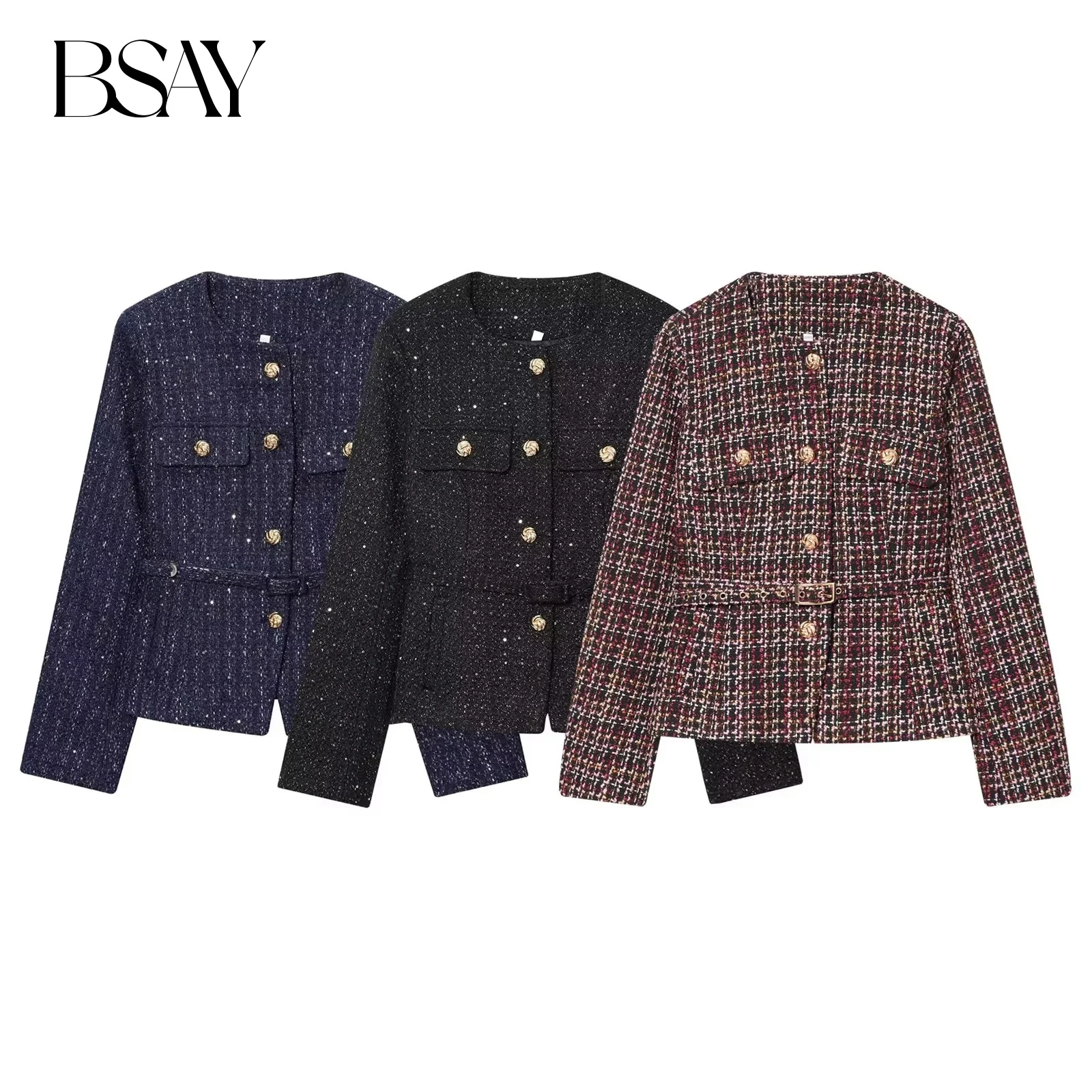 BSAY tweed jacket with belt women's clothing autumn winter new Round ...