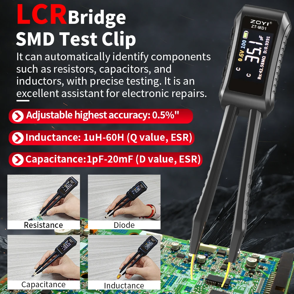ZOYI ZT-MD1 Digital Smart Tweezer LCR SMD ESR Tester Resistance ...