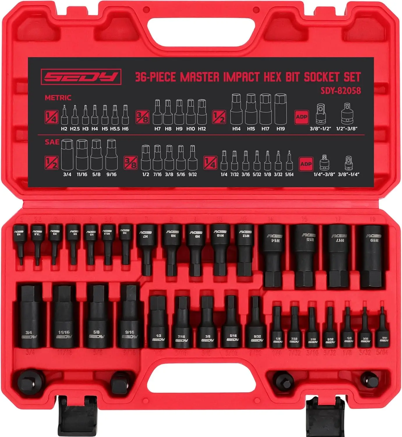 36-Piece Hex Impact Socket Set with Adapters, SAE & Metric Sizes, Heavy ...