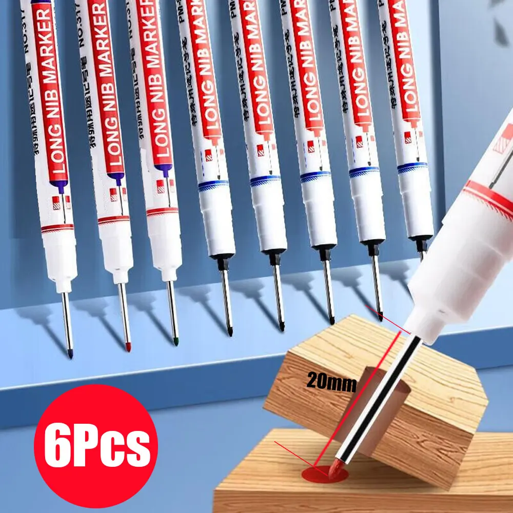6pcs Set 20mm Deep Hole Long Nib Head Markers For Woodworking Metal Perforating Pen Waterproof