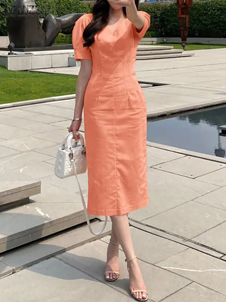 ZANZEA-Fashion-Bodycorn-Dress-Summer-Puff-Sleeve-V-Neck-Solid-Color ...