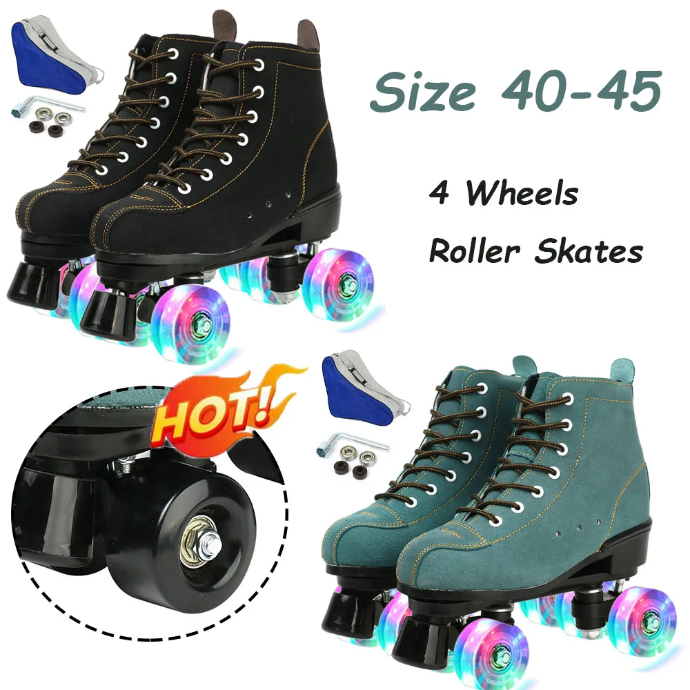Cowhide-Roller-Skates-Green-Artificial-Leather-Double-Line-Skates-Women ...