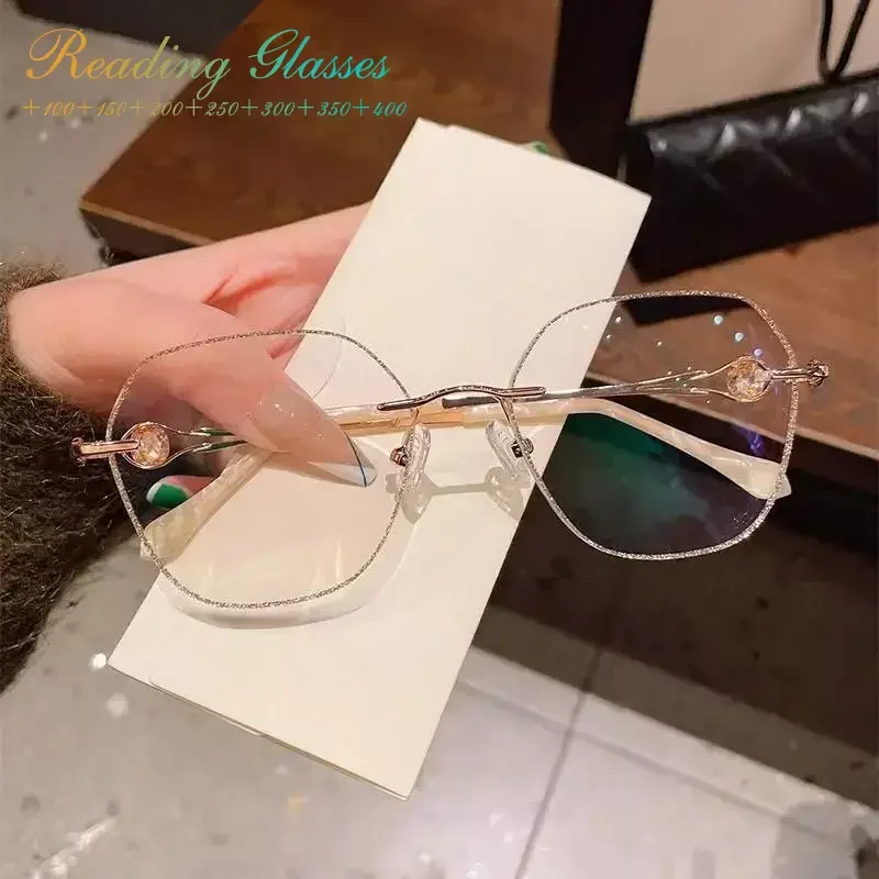 New-Champagne-Gold-Rimless-Frameless-Reading-Glasses-Women-Diamond ...