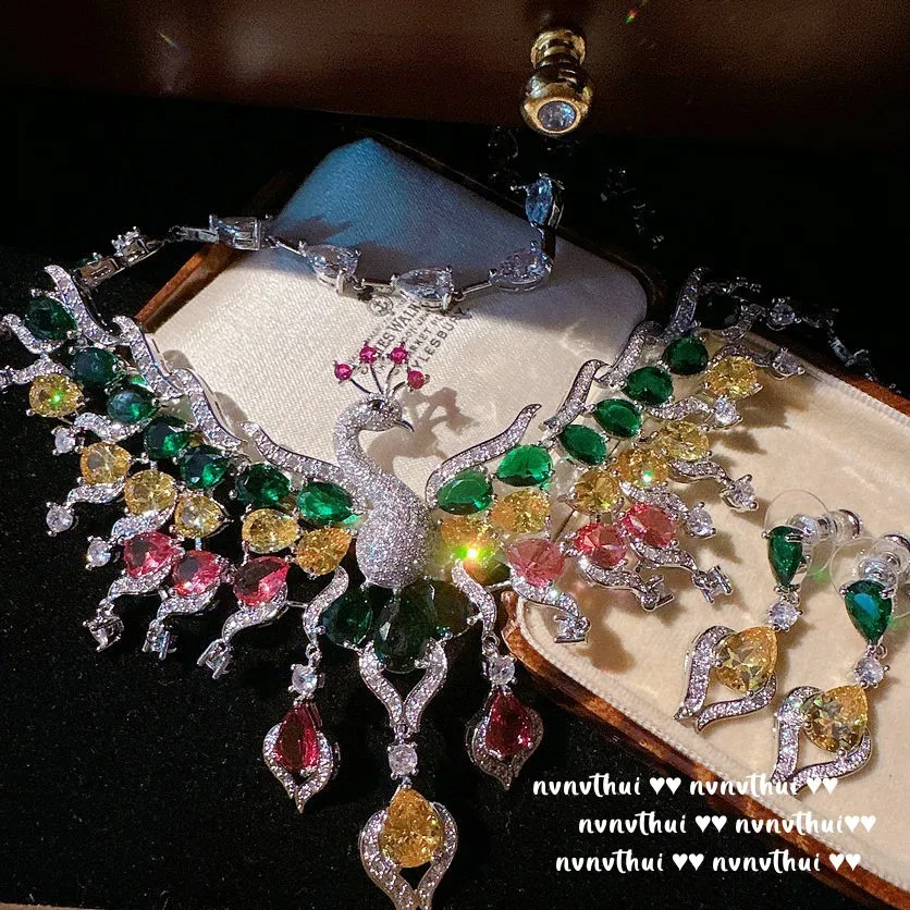 Luxury-925-Silver-Jewelry-Set-Sparkling-Zircon-Elegant-Multicolour-Peacock-Necklace-Earring ...