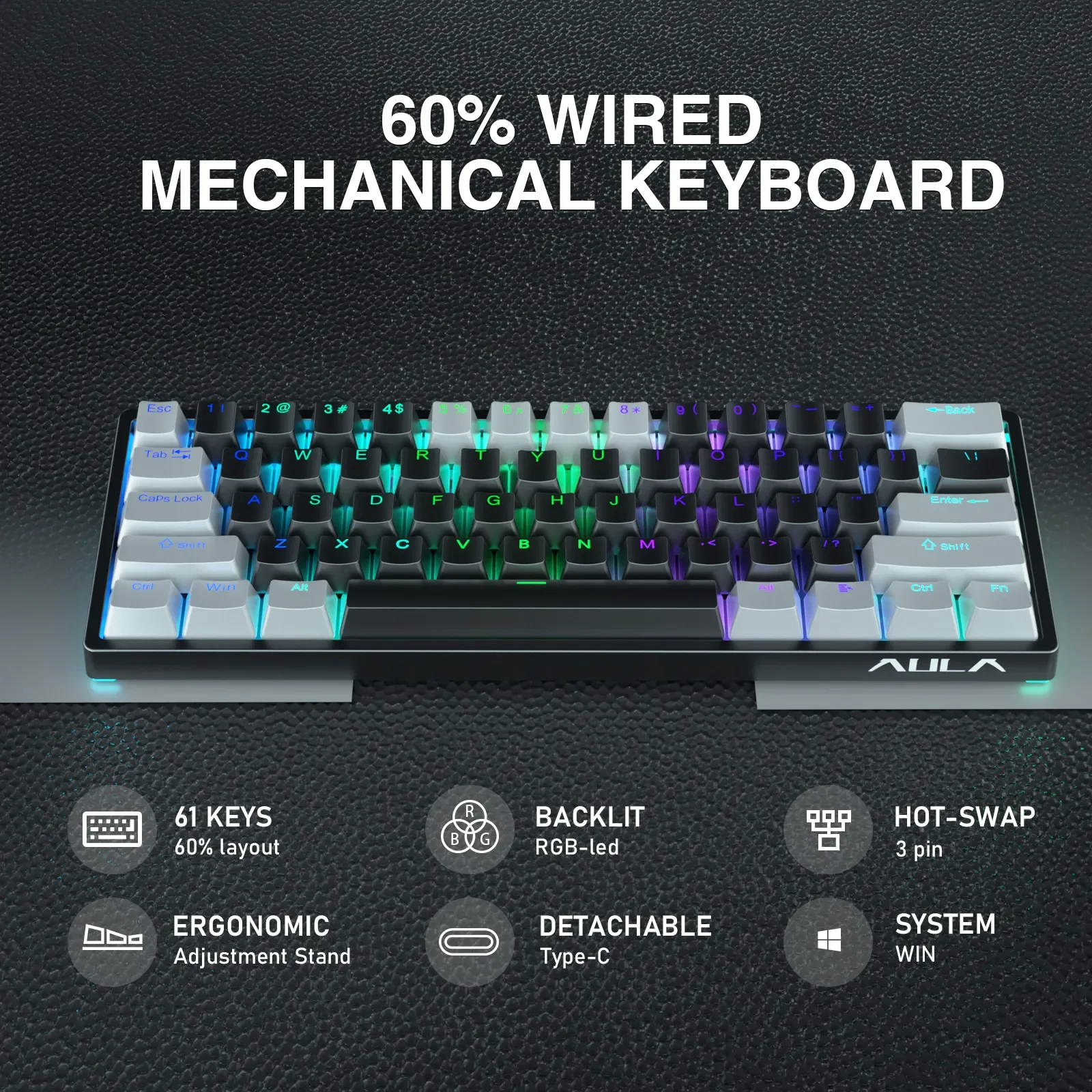 AULA F3261 61 Keys (Grey Black G Blue Switch) RGB Hot Swappable Wired ...