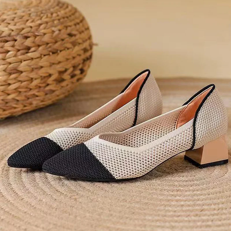 Women's High-heeled Shoes With Pointed Square Thick Heel Knitted ...