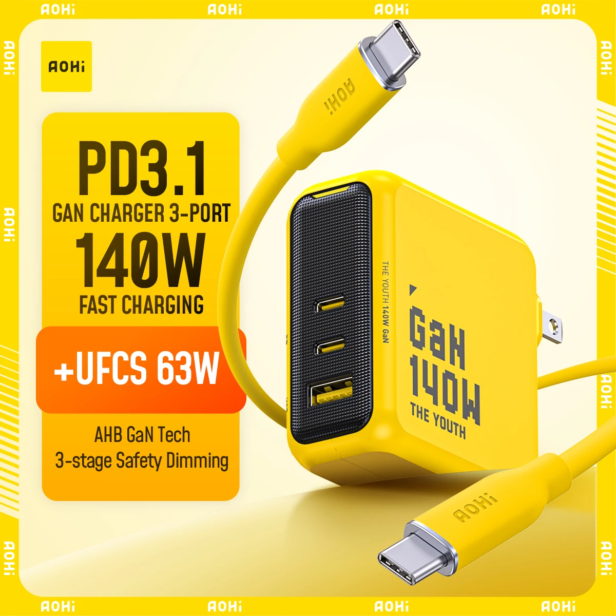 AOHI Youth 140W GaN Charger PD3.1 3-Port Type C Quick Charge For ...