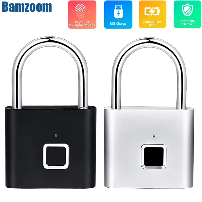 Silver Fingerprint Lock Smart Padlock Thumbprint Door Padlocks Portable ...
