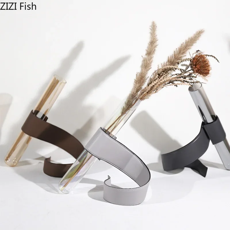 Creative Inclined Leather Bracket Test Tube Glass Vase Desk Decoration ...