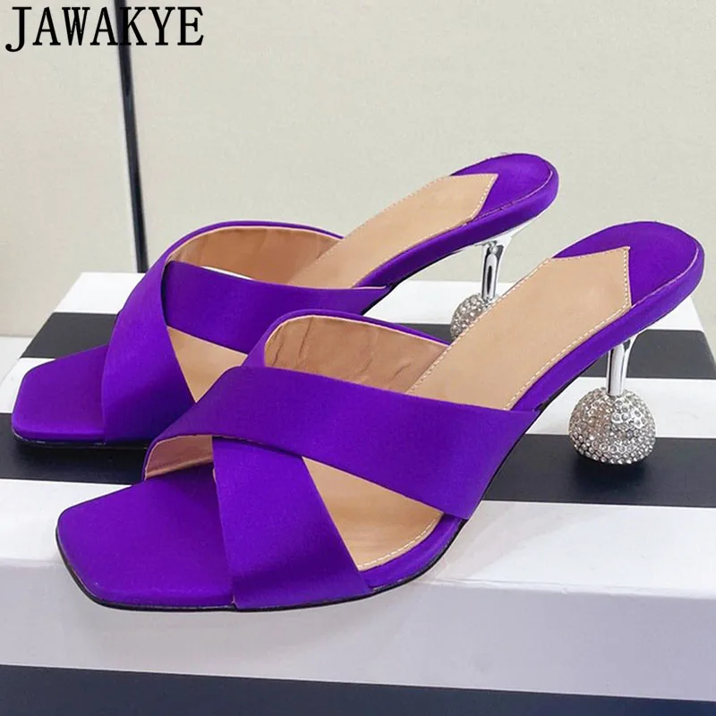 Crystal Ball Heel Summer Dress Slippers High Heel Ladies Satin Slides ...