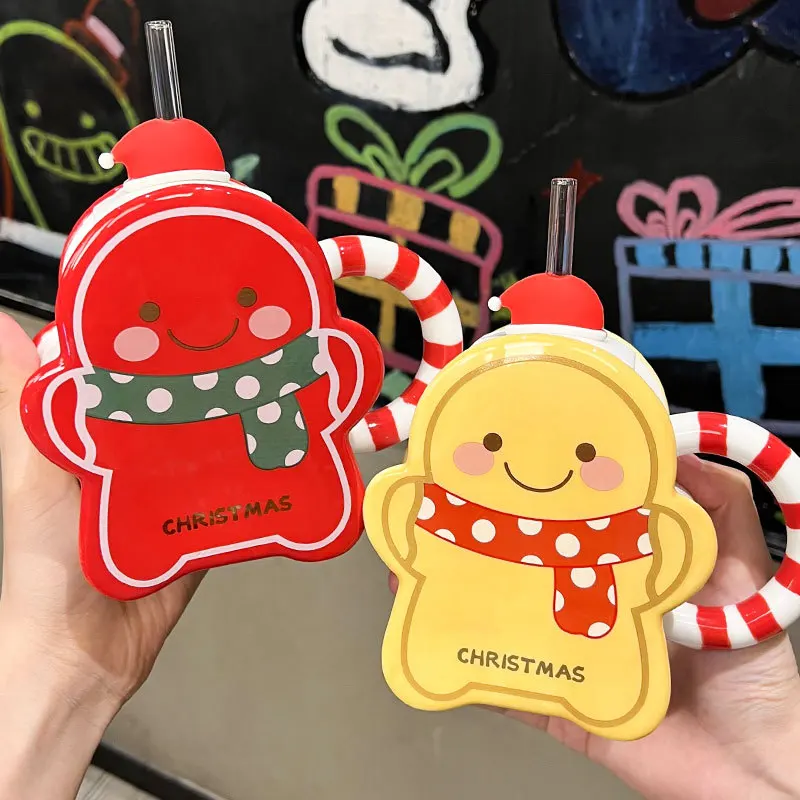 380ML-Ceramic-Gingerbread-Man-Mug-Cute-Cartoon-Cup-with-Lid-and-Straw ...