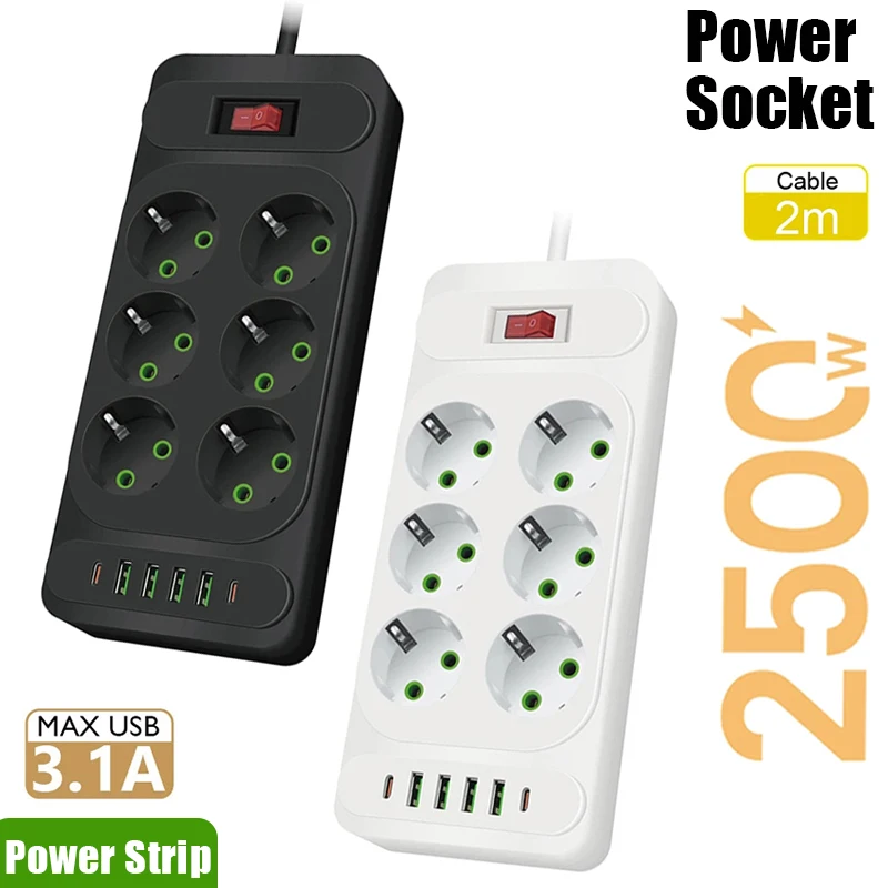 EU-Plug-AC-Outlet-Multitap-Power-Strip-2m-Extension-Cord-Electrical ...