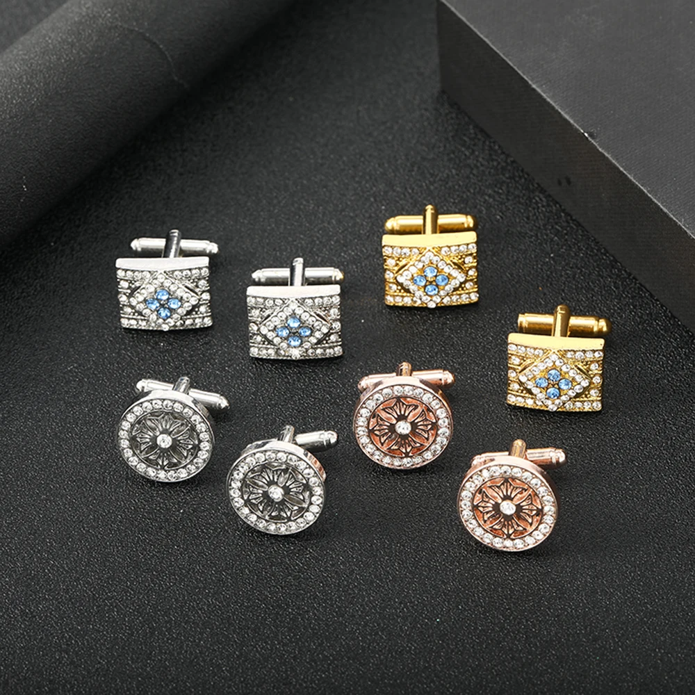 Dazzling Mens Square Crystal Cufflinks Full Rhinestone Paved Round ...