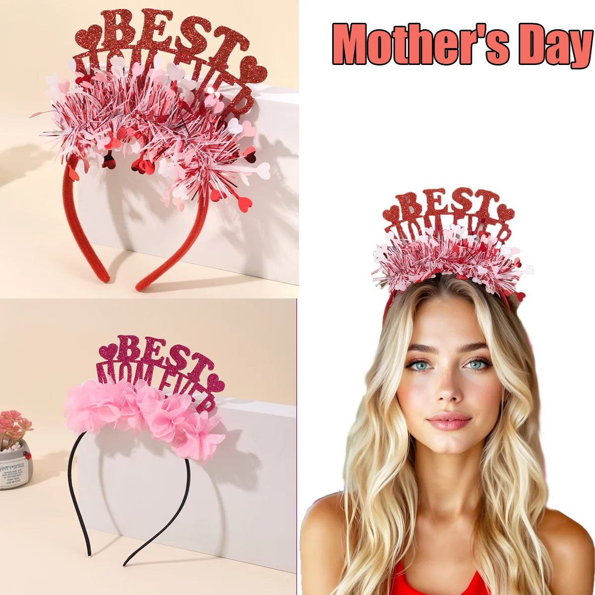 Mother's Day Headband For Mother Birthdays “Mom Ever Best” Glitter ...
