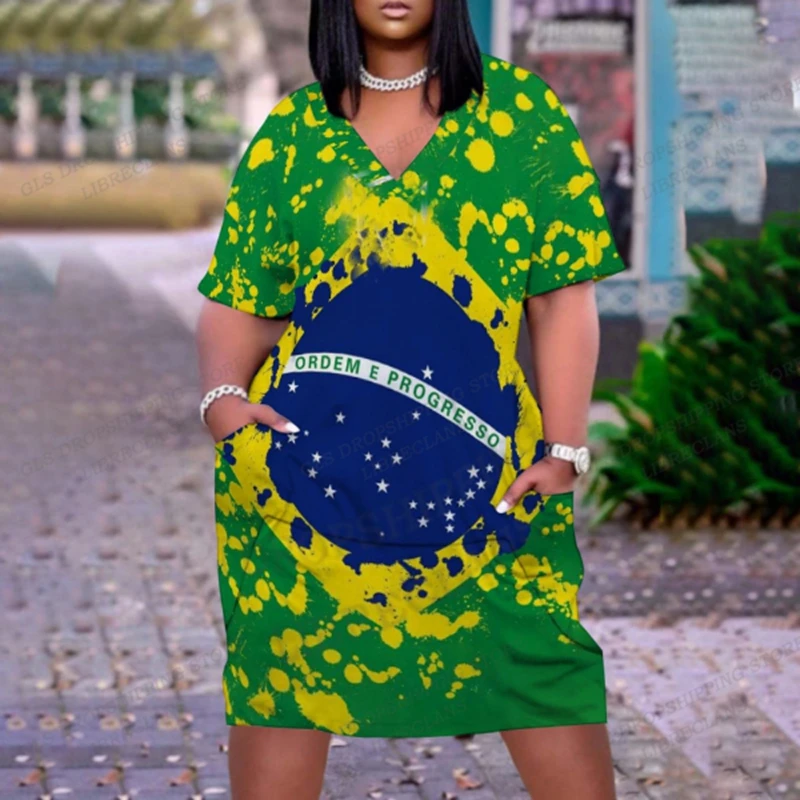 Brazil Flag Dress Women Fashion Midi Dresses Party Evening Short Sleeve ...