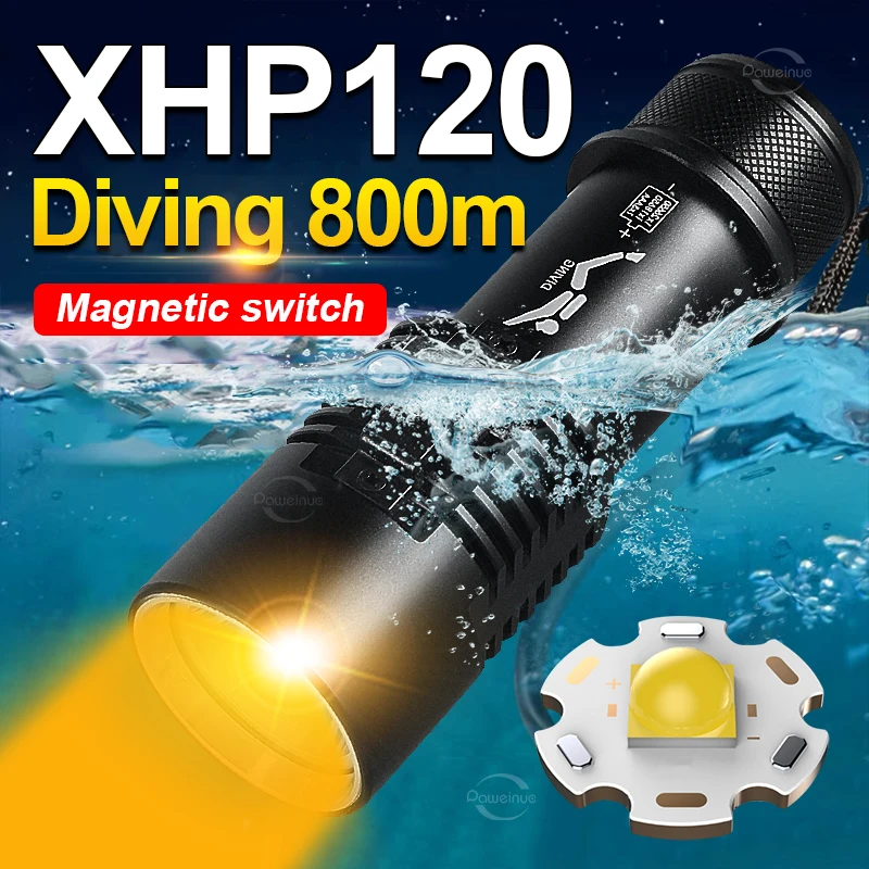 9000LM XHP120 Professional Waterproof Diving Flashlight 800m Underwater ...
