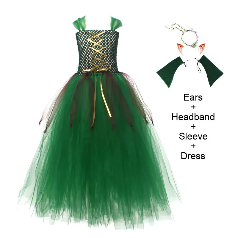 Halloween Forest Elf Dress For Girl Costume Green Fairy Kid Sling Lace ...