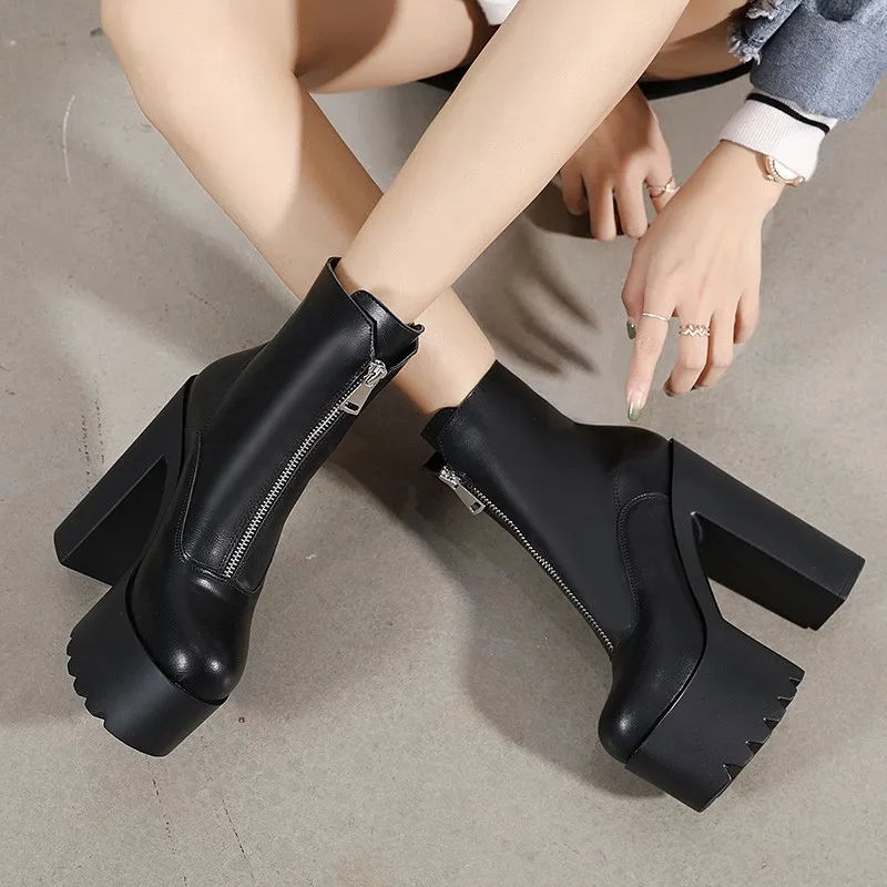 Chunky-Sole-Platform-Heeled-Boots-for-Women-Front-Zipper-Leather-Comfy ...