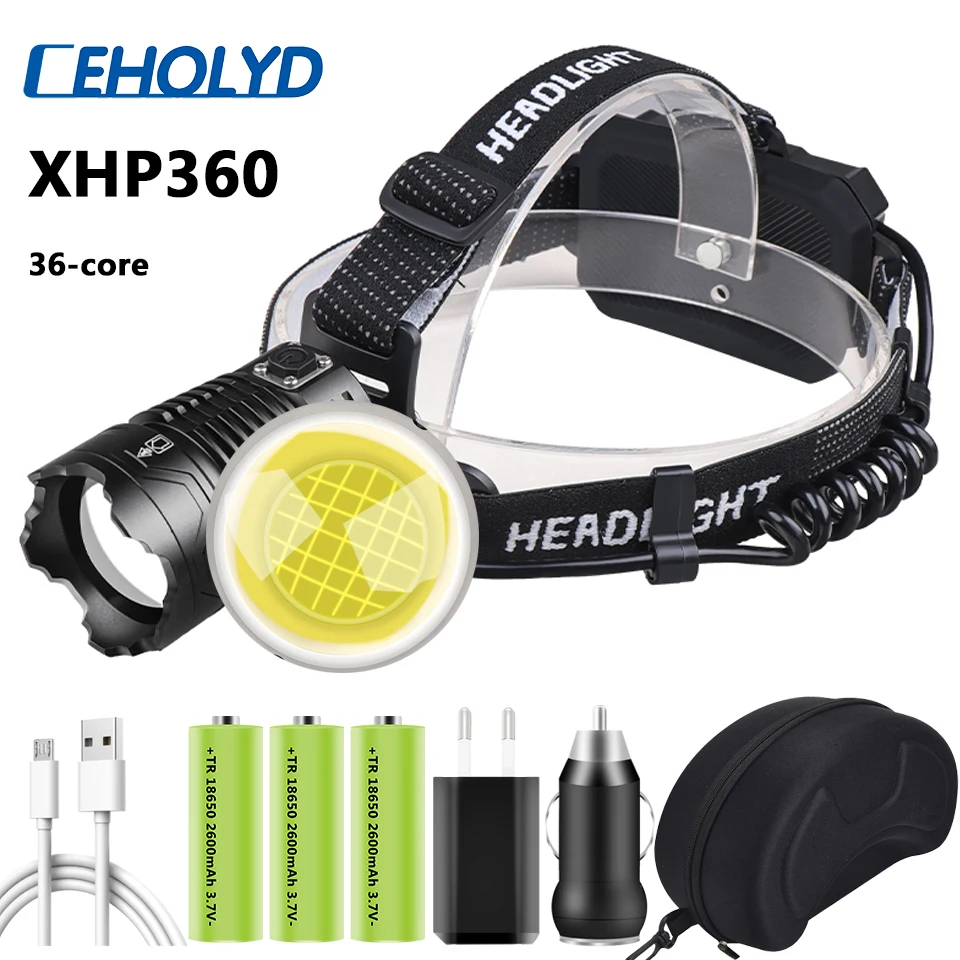 Headlamp 36 core XHP360 Led Super Bright Zoomable Powerbank Headlight ...