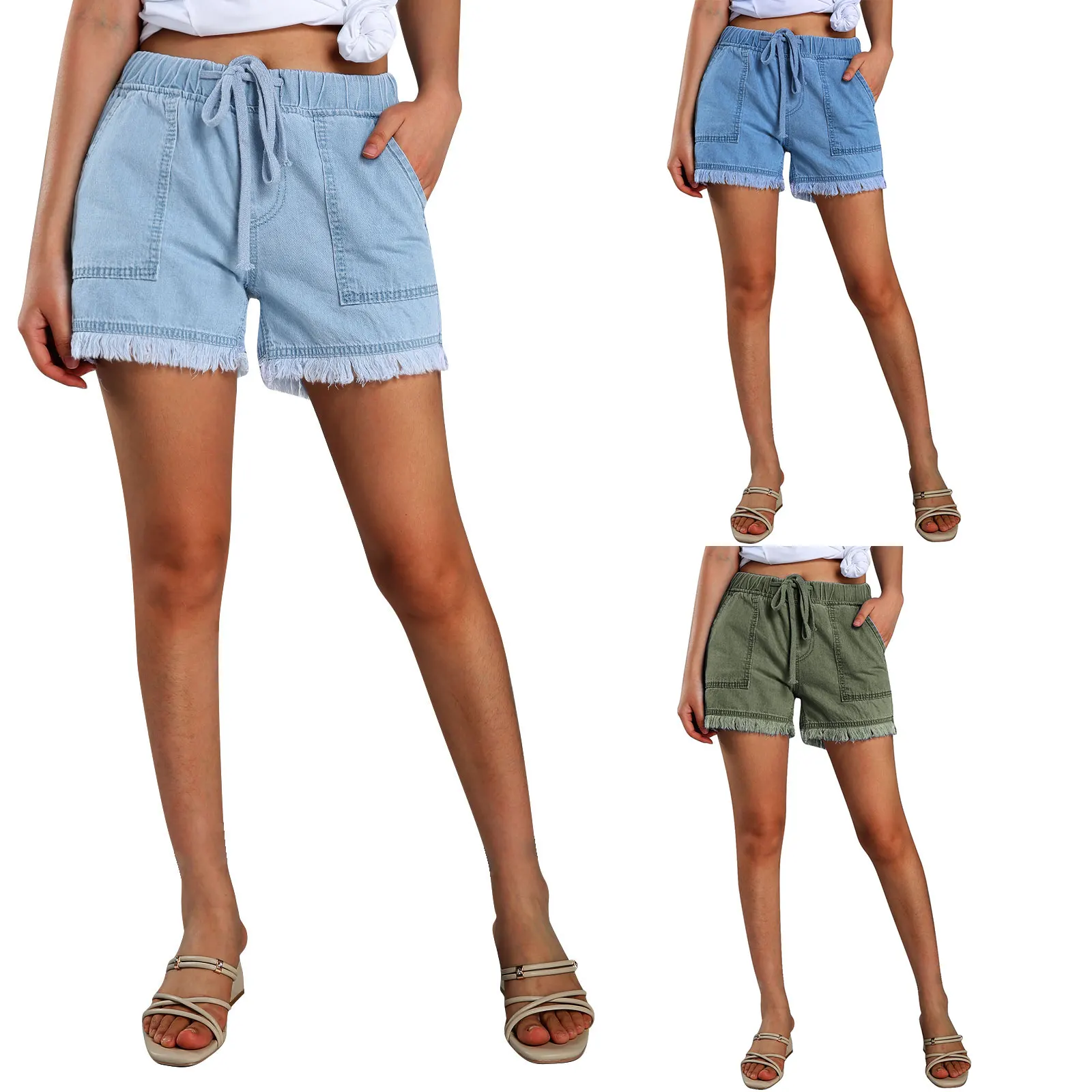Women-s-Loose-Short-Jeans-Casual-Drawstring-Elastic-Waist-Frayed-Hem ...