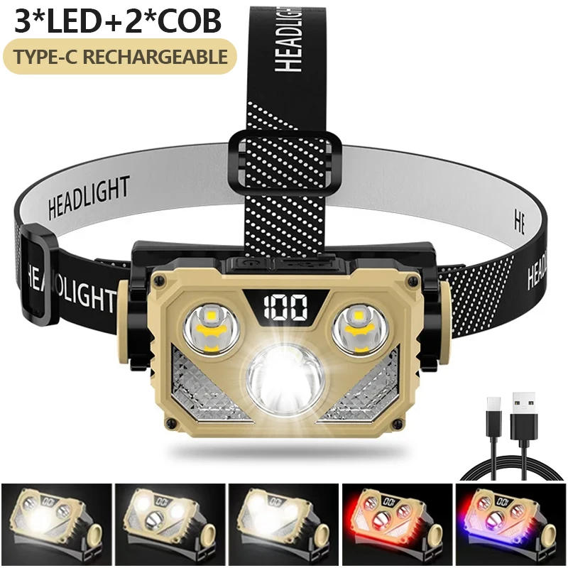 Type-C-Rechargeable-LED-Headlamp-Fishing-Blue-Red-Lighting-Headlight ...