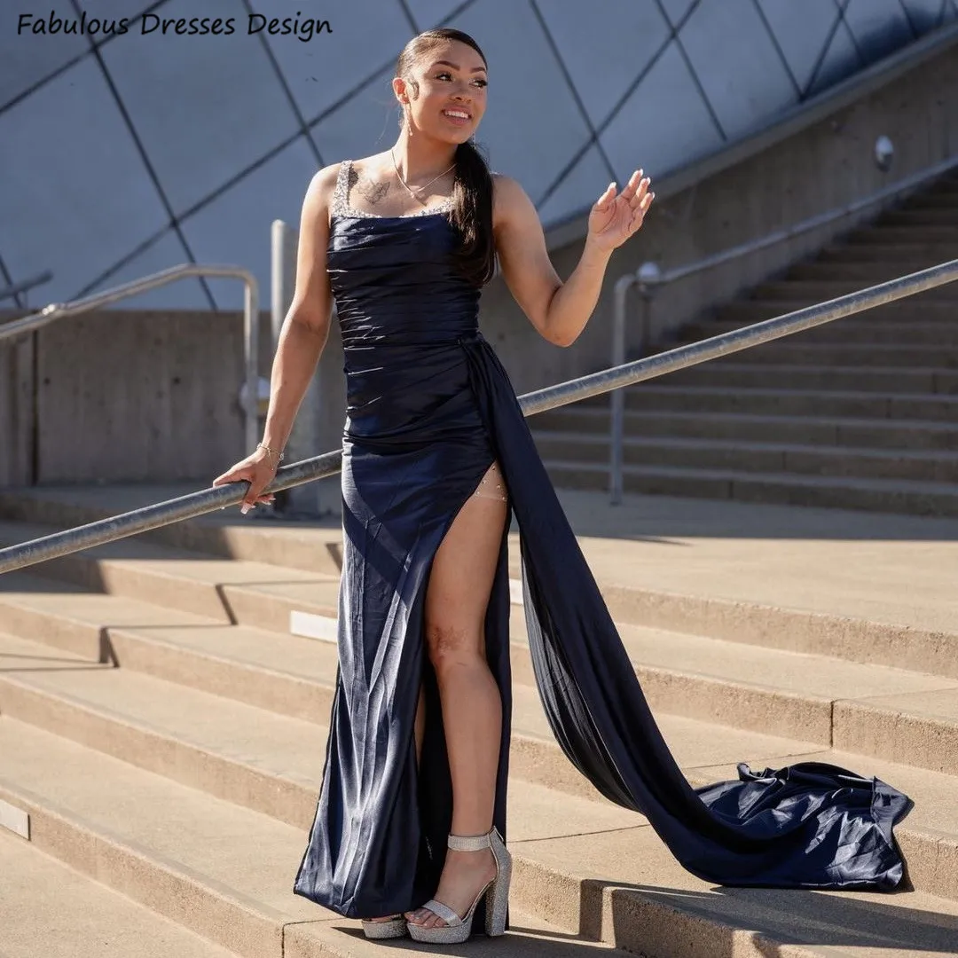 Shining Sequin Long Bridesmaid Dresses Black Mermaid Scoop Neck Pleat ...