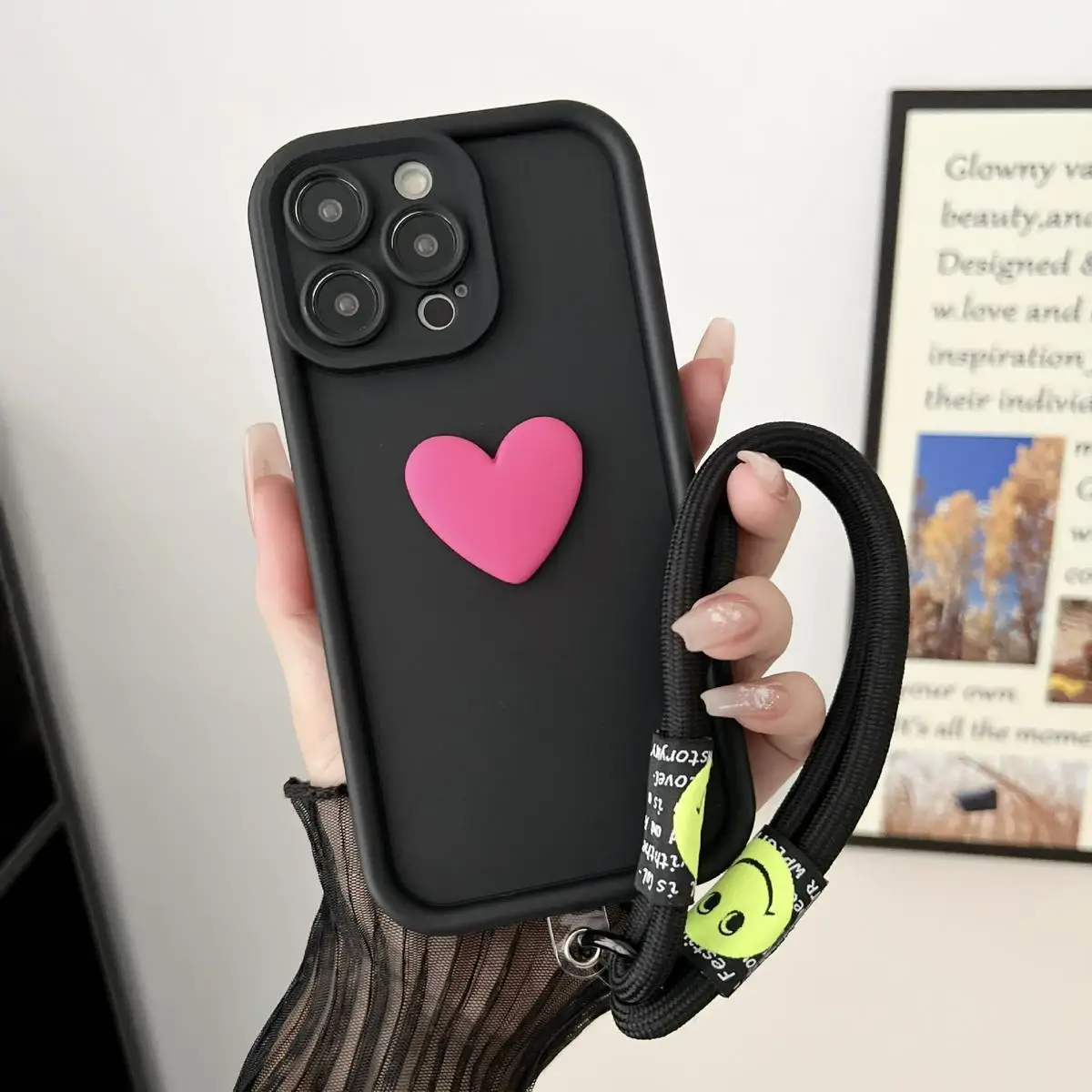 3D Love Heart Wrist Lanyard Phone Case Cover for OPPO A79 5G (Black B)