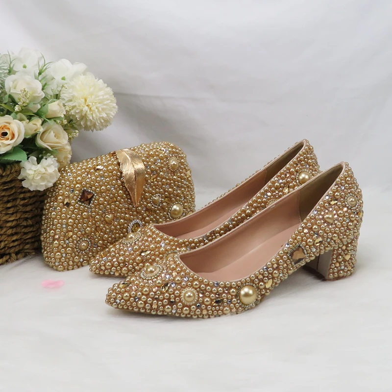 Champagne Gold Bridal Wedding shoes with matching bags woman Pointed ...