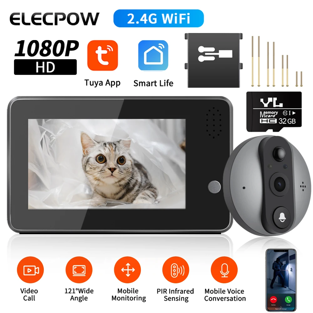 Elecpow 4.3Inch Smart Home Tuya Peephole Doorbell Camera 1080P 200W ...