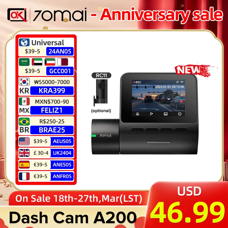 70mai-Dash-Cam-A200-Dual-channel-Record-1080P-HDR-2-IPS-Screen-24H ...