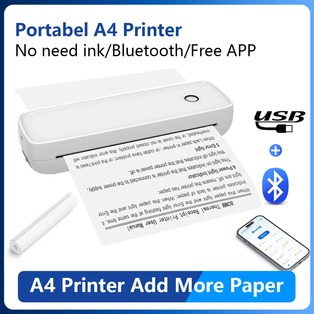 A4 Wireless Bluetooth USB Portable Printer Compatible with Android iOS ...