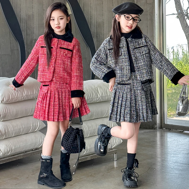 chic-French-style-junior-girls-clothes-set-Cloth-buckle-coat-Pleated ...