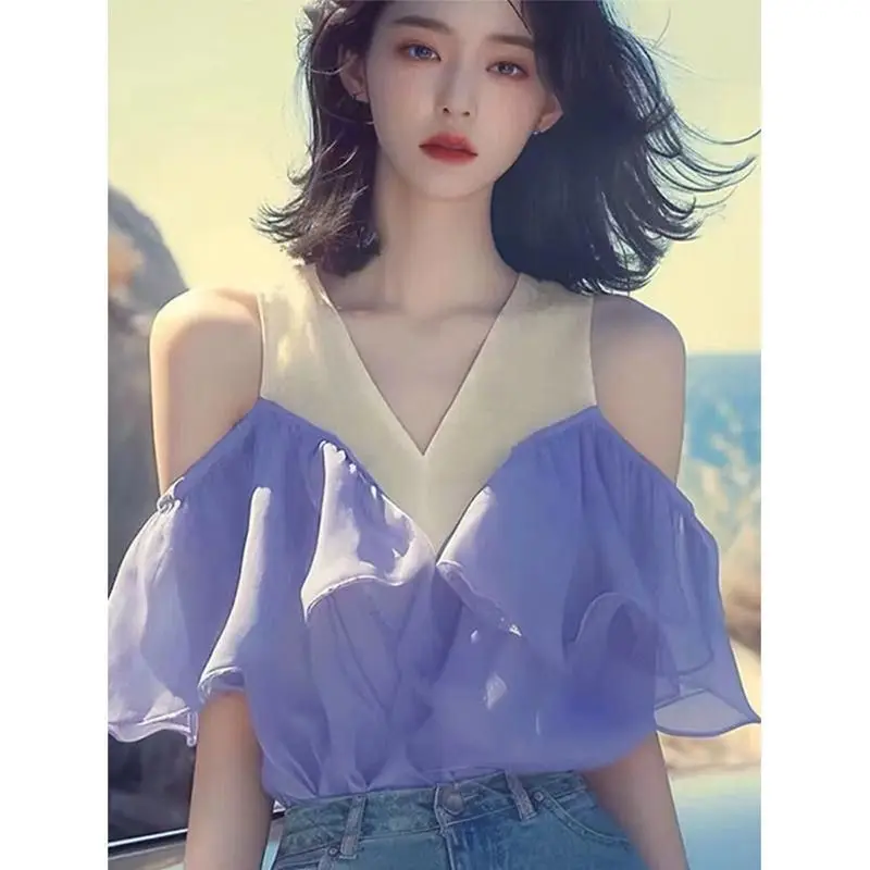Sleeveless Fake Two-piece Spliced chiffon Shirt for Women in Summer New ...
