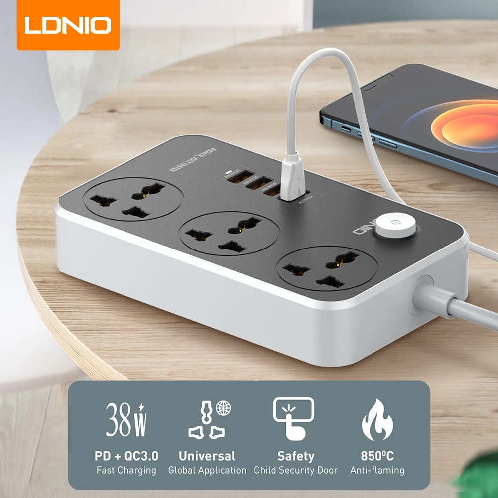 LDNIO 2500W Power Strip Plug 3 Outlet Socket 4 USB Ports Network Filter ...