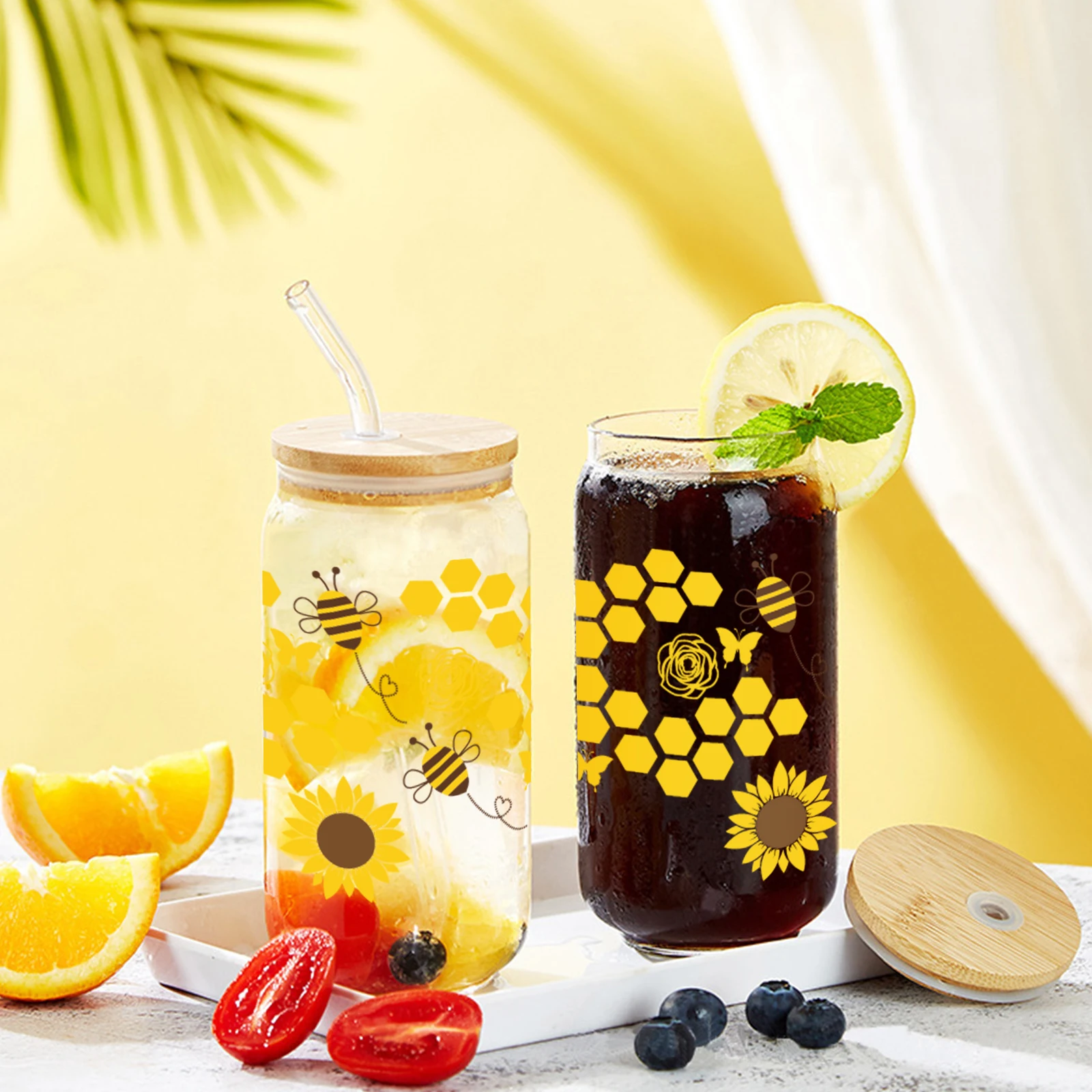 16oz-Sunflower-Bee-Pattern-Clear-High-Borosilicate-Drinking-Glass-Can ...