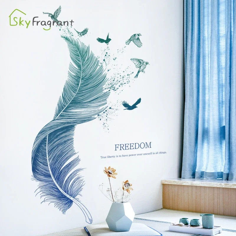 Creative-Blue-Feather-Wall-Stickers-For-Living-Rooms-Bedroom-Background ...