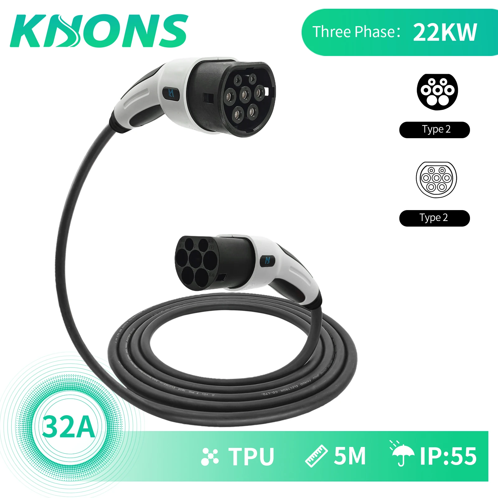 K.H.O.N.S EV 충전 케이블 32A 22KW 3 상 전기 자동차 코드 차량용 충전기 유형 2 암 수 플러그 IEC 62196| | - AliExpress