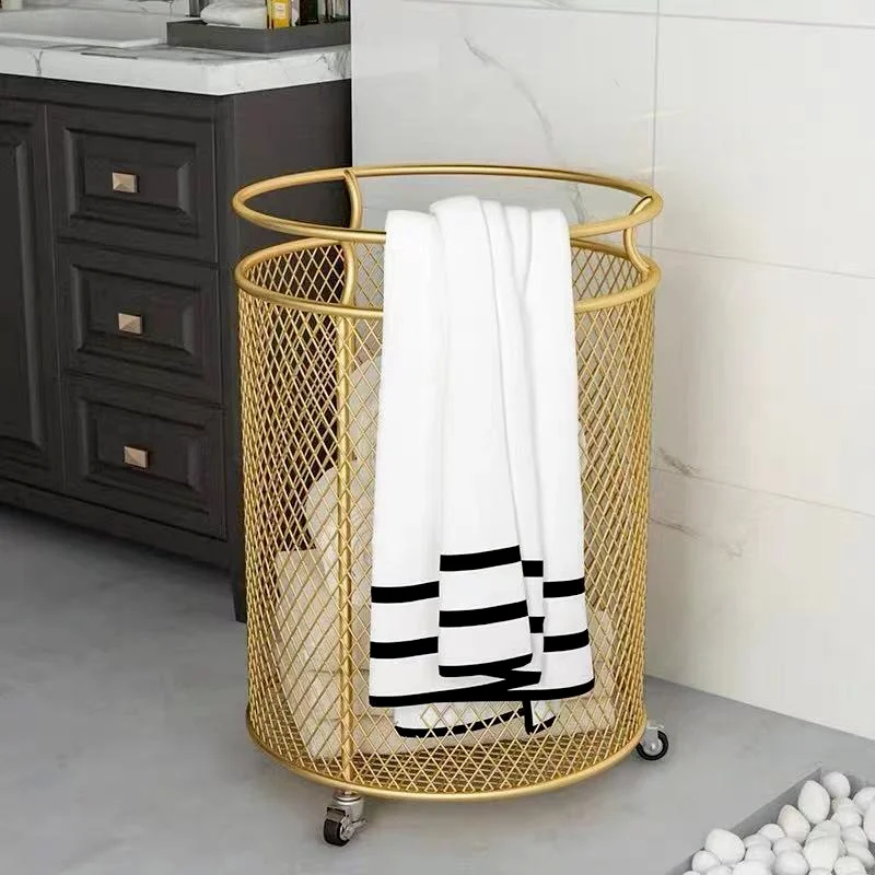 Metal-Wheel-Basket-Gold-Color-Dirty-Clothes-Storage-Handle-Laundry ...