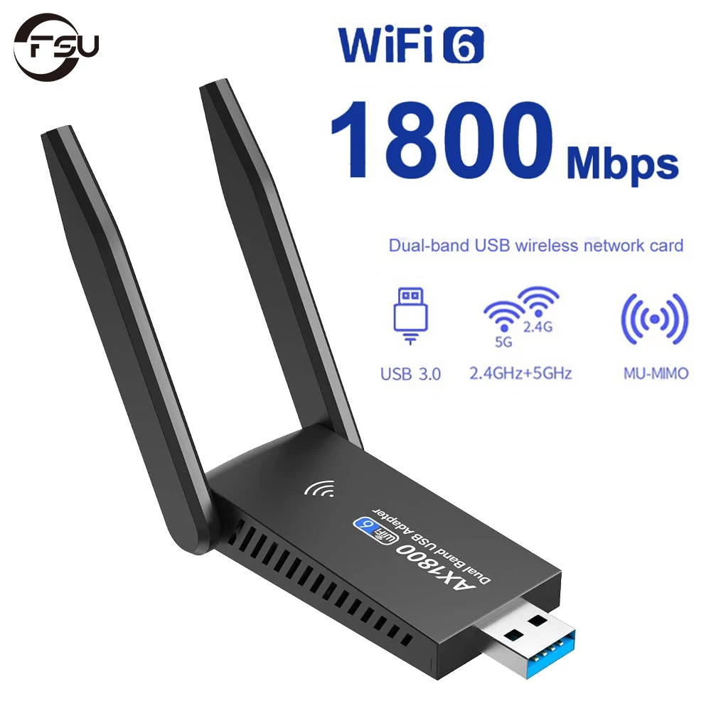 1800M WiFi 6 USB Adapter for Desktop PC Wireless Network Adapter with 2.4GHz 5GHz Gain Dual Band ...