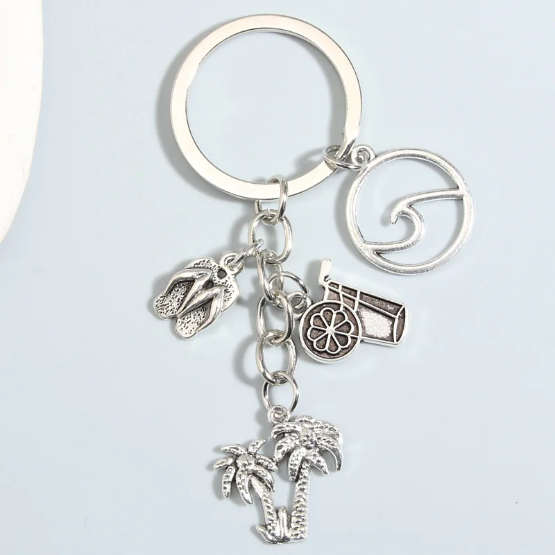 Metal Keychain Coconut Tree Slipper Fruit Juice Sea Wave Key Ring ...