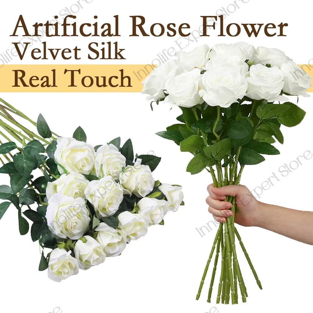 200-12PCS-Artificial-Rose-Flower-Silk-White-Rose-Realistic-Fake-Roses ...